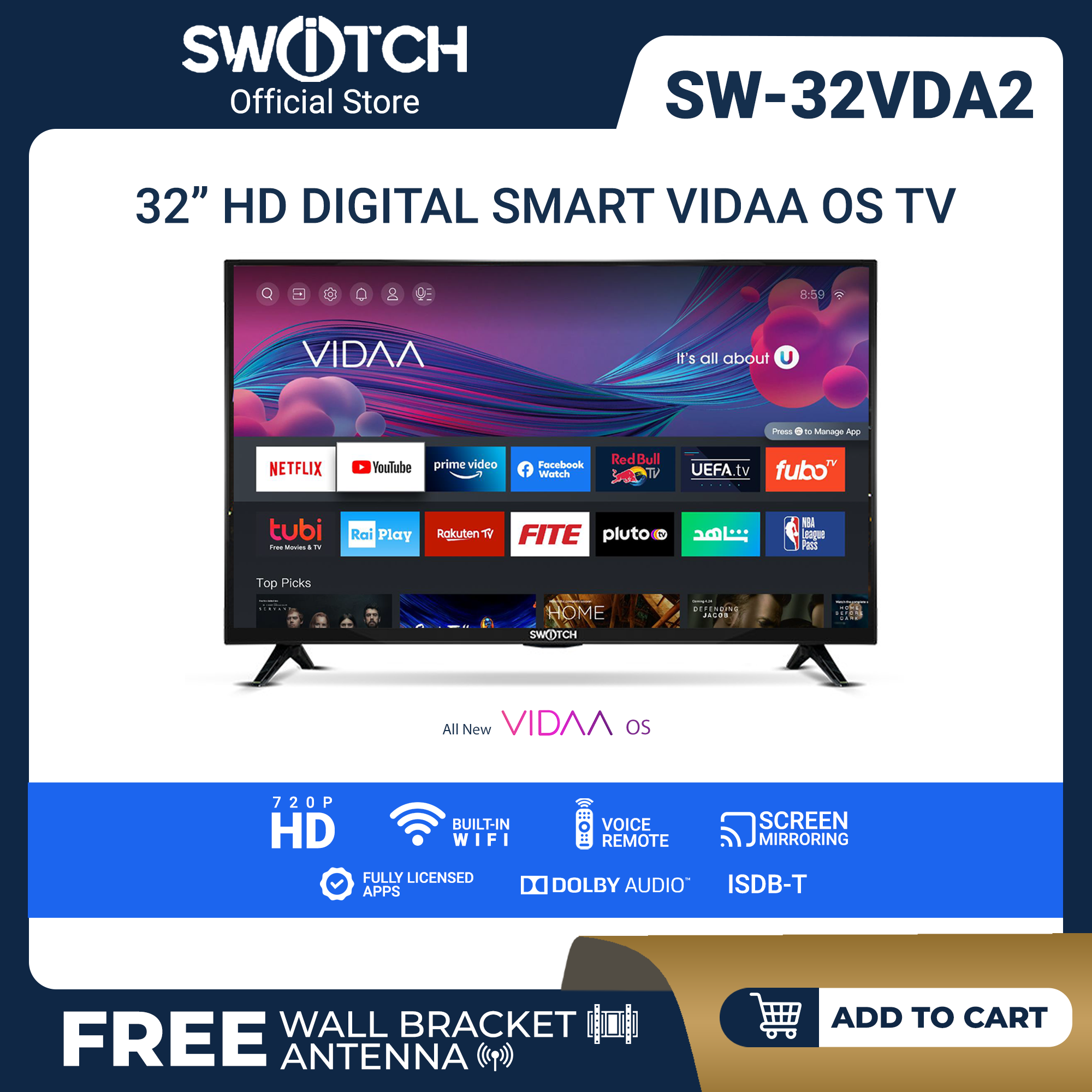 Switch 32" Digital Vidaa OS Smart HD TV with Netflix, Disney+, Remote ...