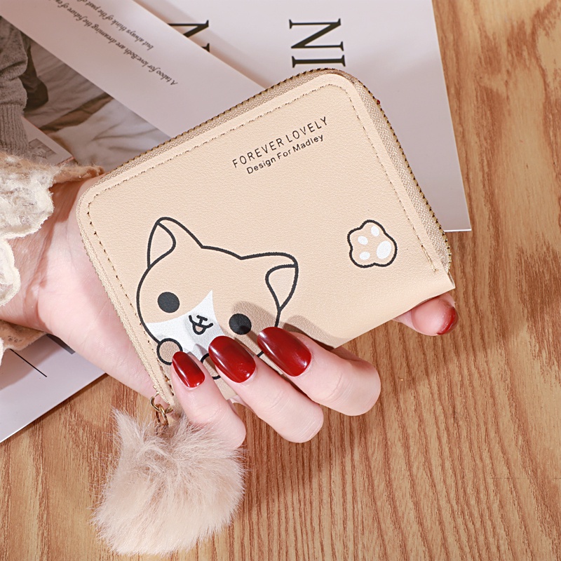 Mumu #1050 Korean Leather Wallets With Fur Ball Puppy Cute Short Wallet ...