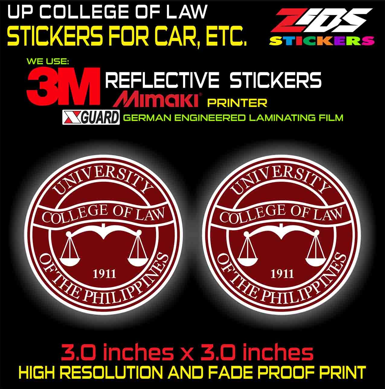 up college of law logo 3M reflective printed laminated sticker for cars ...