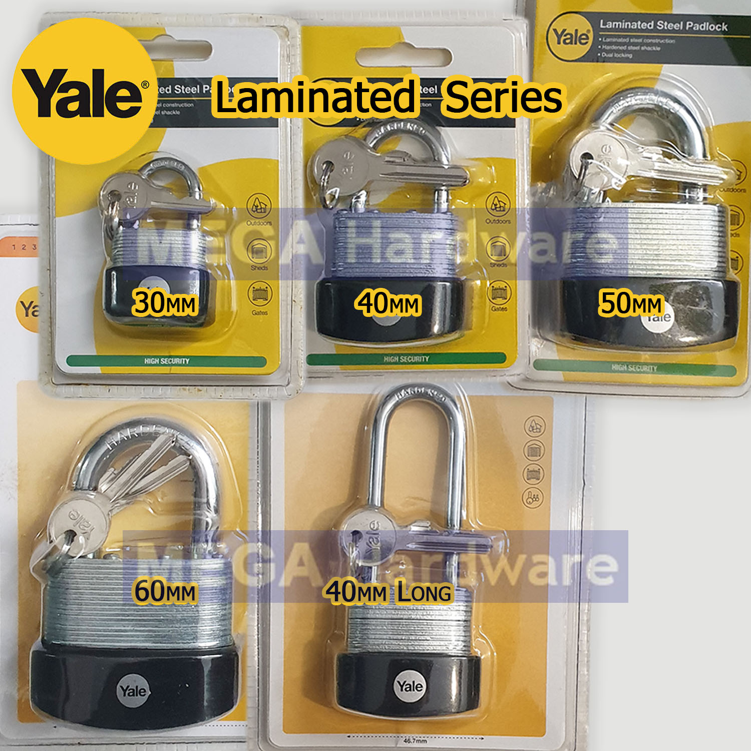 Yale Brass Padlock or Laminated Padlock 30mm 40mm 50mm 60mm (LONG Shackle or short) | Lazada PH