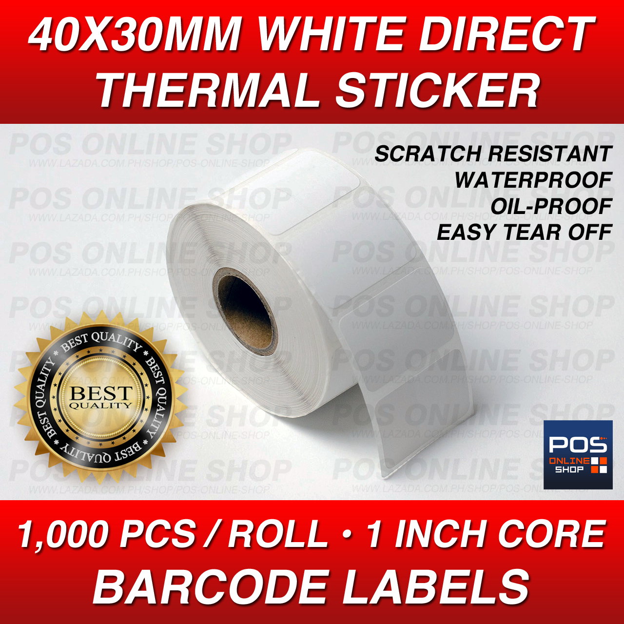 40mm X 30mm Plain White Direct Thermal Sticker (1) Inch Core (1,000 pcs ...