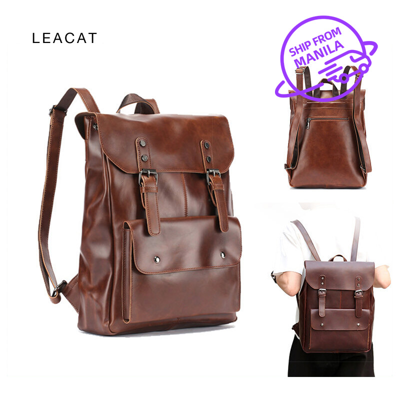 Leacat Backpack Crazy Horse PU Leather Vintage Men Hasp Backpack ...