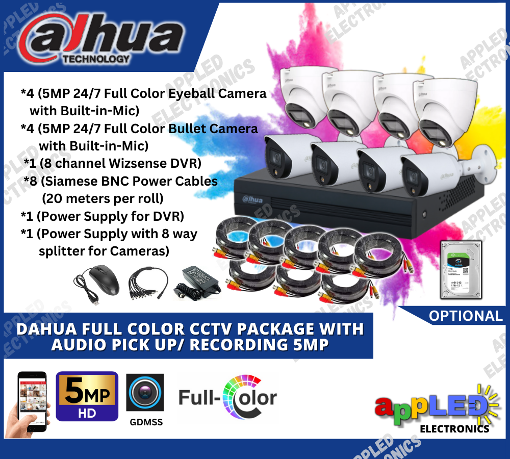 DAHUA Full Color CCTV Package with Audio Pickup/Recording 5MP 8 24/7 Full Color Cameras with ...