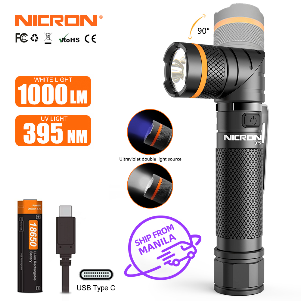 NICRON LED Flashlight 1000lm B75 Torchlight 90 Degree Twist 395nm UV ...