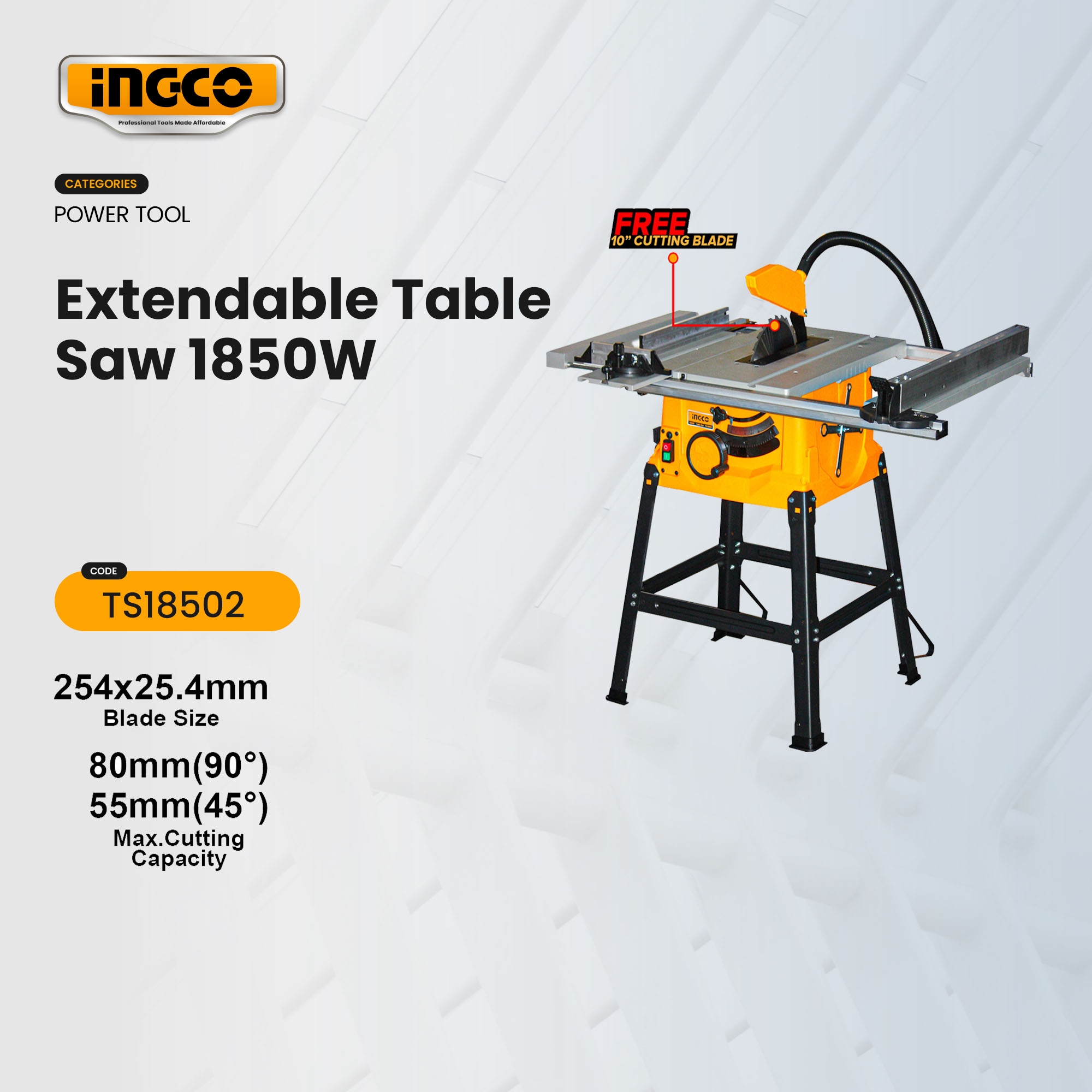 INGCO Extendable Table Saw Machine 1850W 254mm Blade Jobsite Table ...