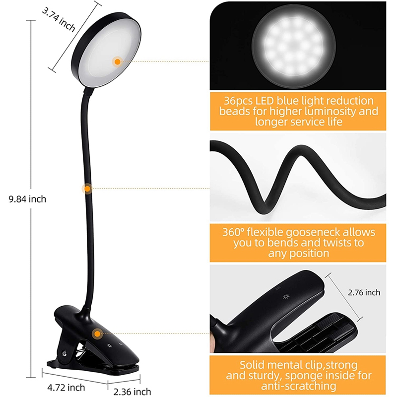 Reading Lamp Bed Clamp Light, 36 LED Clamp Lamp, USB Rechargeable Book ...