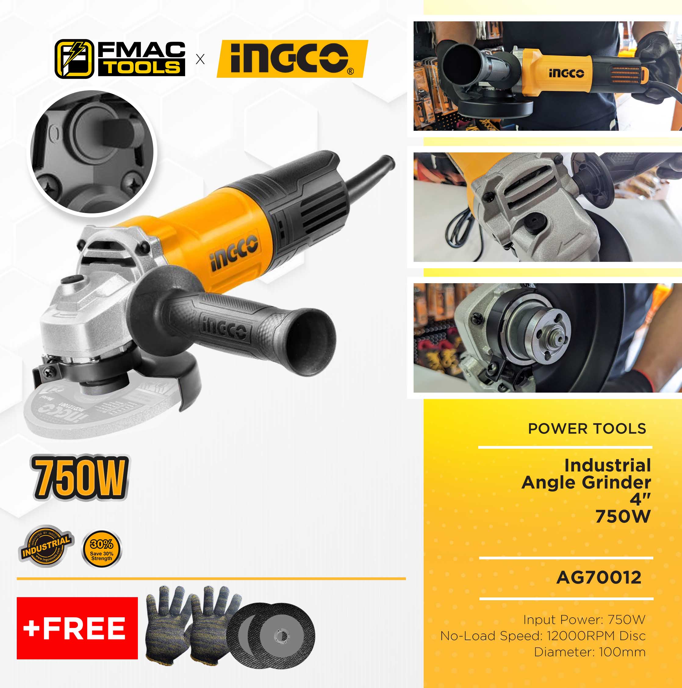 INGCO Industrial Angle Grinder 750W 4" AG70012 + FREEBIES FMAC TOOLS ...