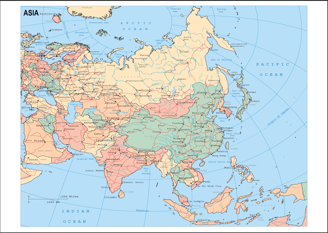 Asia Map with Capitals Major Cities Road Map Waterproof A4 Laminated ...
