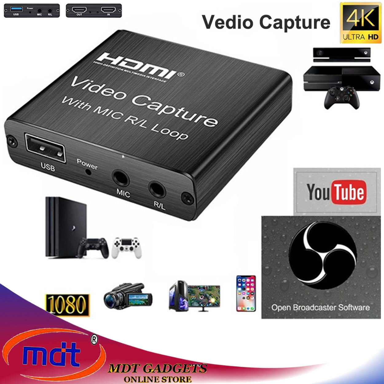 4K Video Capture Card Usb 2.0 Hdmi Video Grabber Record Box With Mic ...
