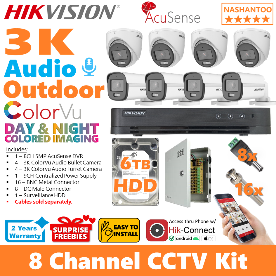 HIKVISION 8CH 3K(New 5MP 16:9)8Cameras (4 Bullet, 4 Turret) ColorVu Audio Outdoor 8CH DIY CCTV ...