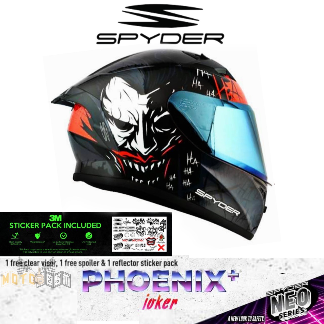 SPYDER Phoenix+ Joker Helmet w/ Free Extra Clear Visor and Sticker Pack ...