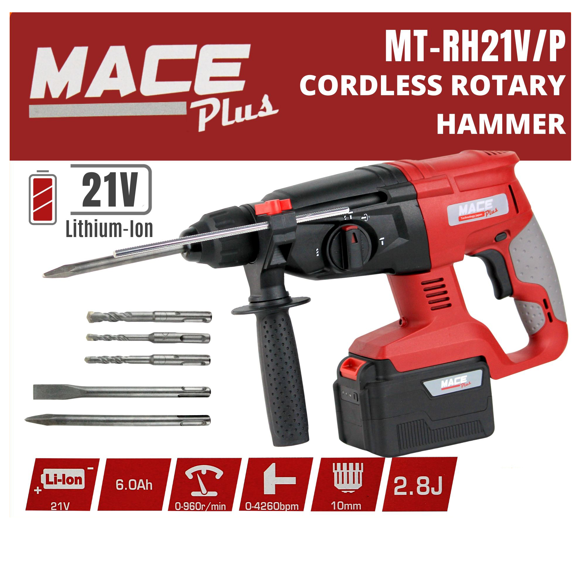 Mace Plus MT-RH21VP 3 Mode 21V Rechargeable Cordless Brushless Rotary ...