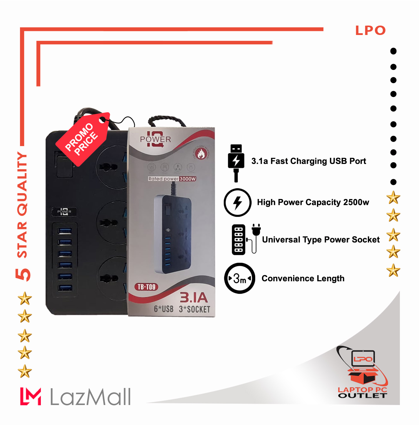 LPO Power Socket TB T09 3.1A 3000W Extension Cord 6 Port USB Hub with 3 Power Socket | Lazada PH