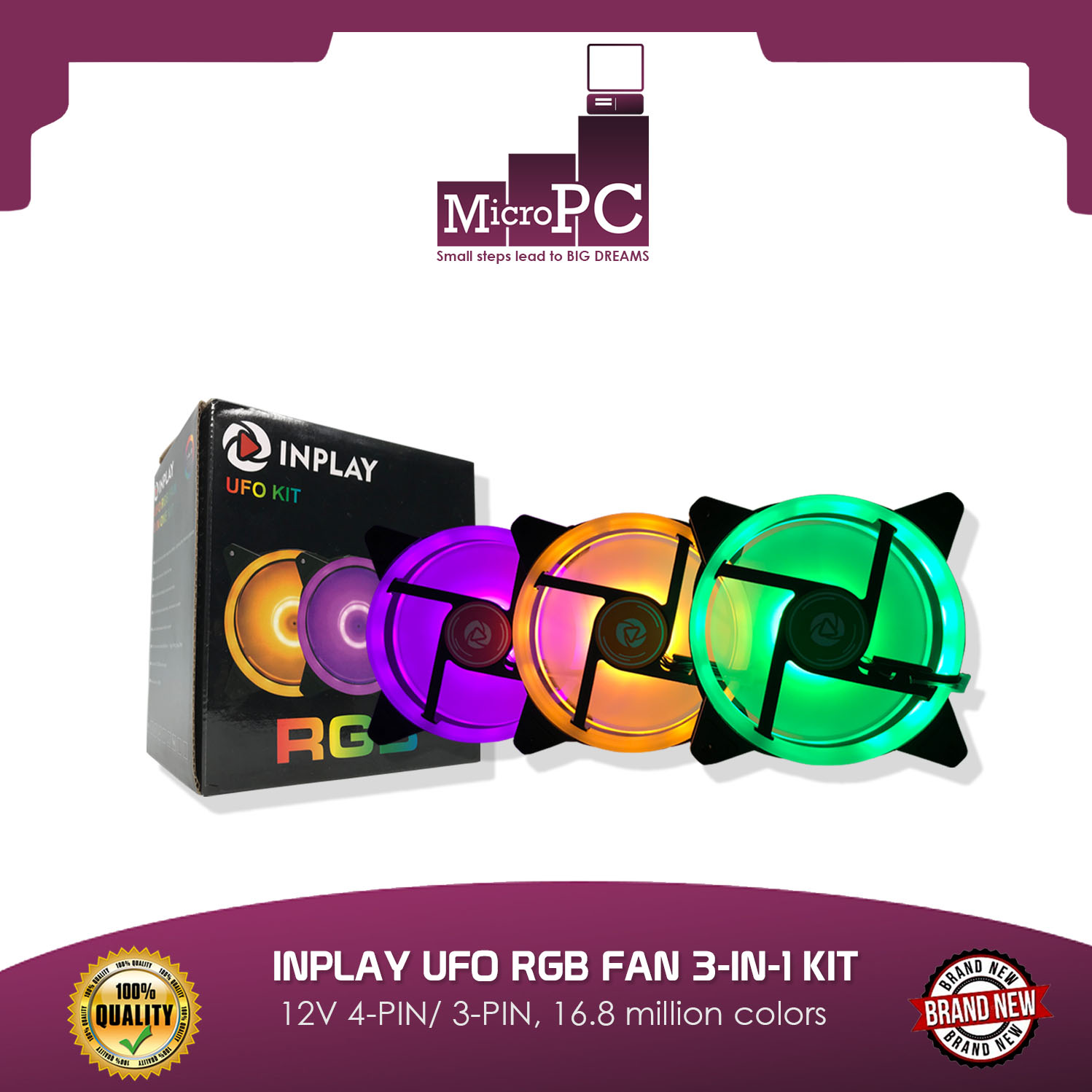 INPLAY UFO RGB FAN 3-IN-1 KIT, 12V 4-PIN/ 3-PIN, 16.8 million colors ...