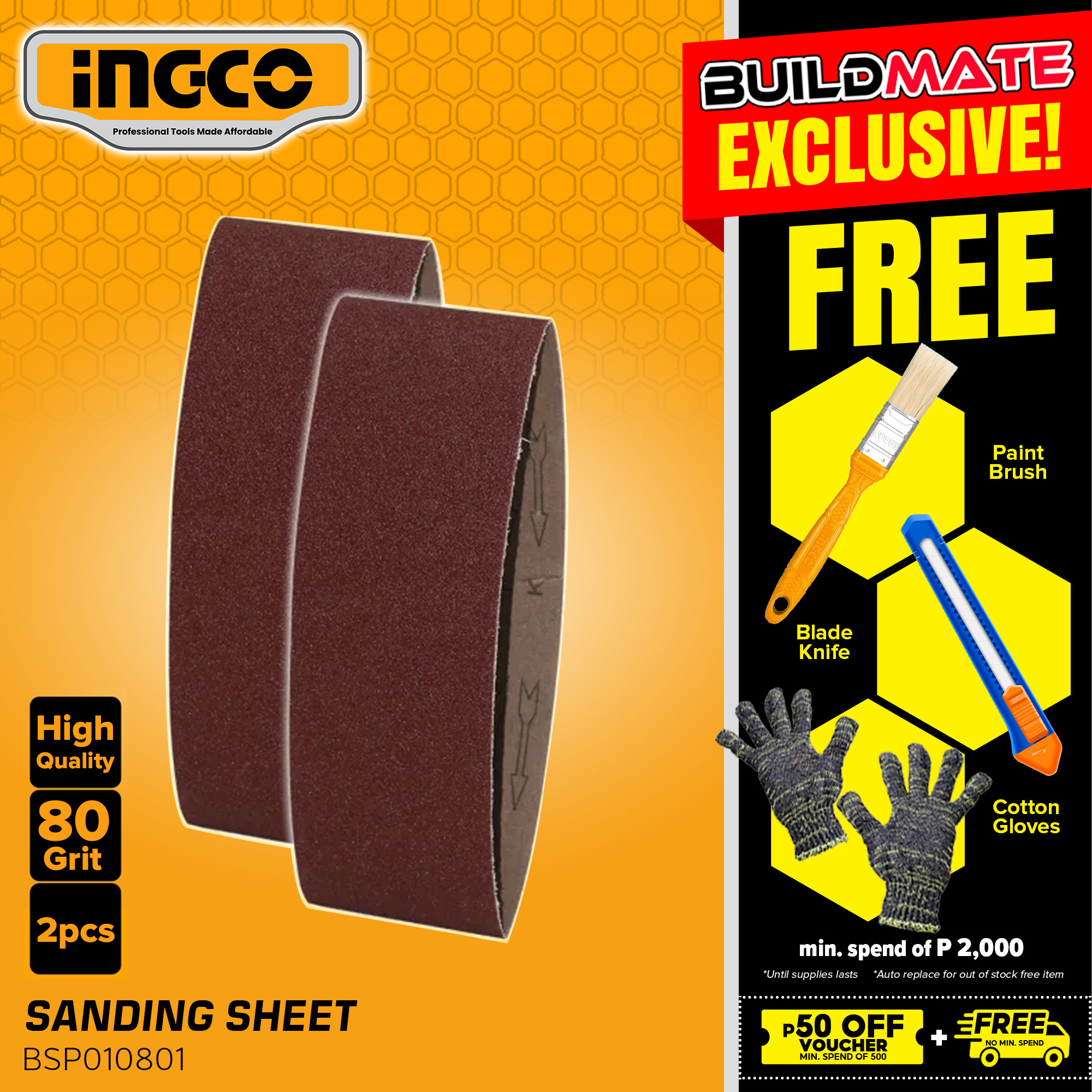 BUILDMATE INGCO 2pc SET P80 76x533mm Sanding Belt Refill BSP010801 IHT ...