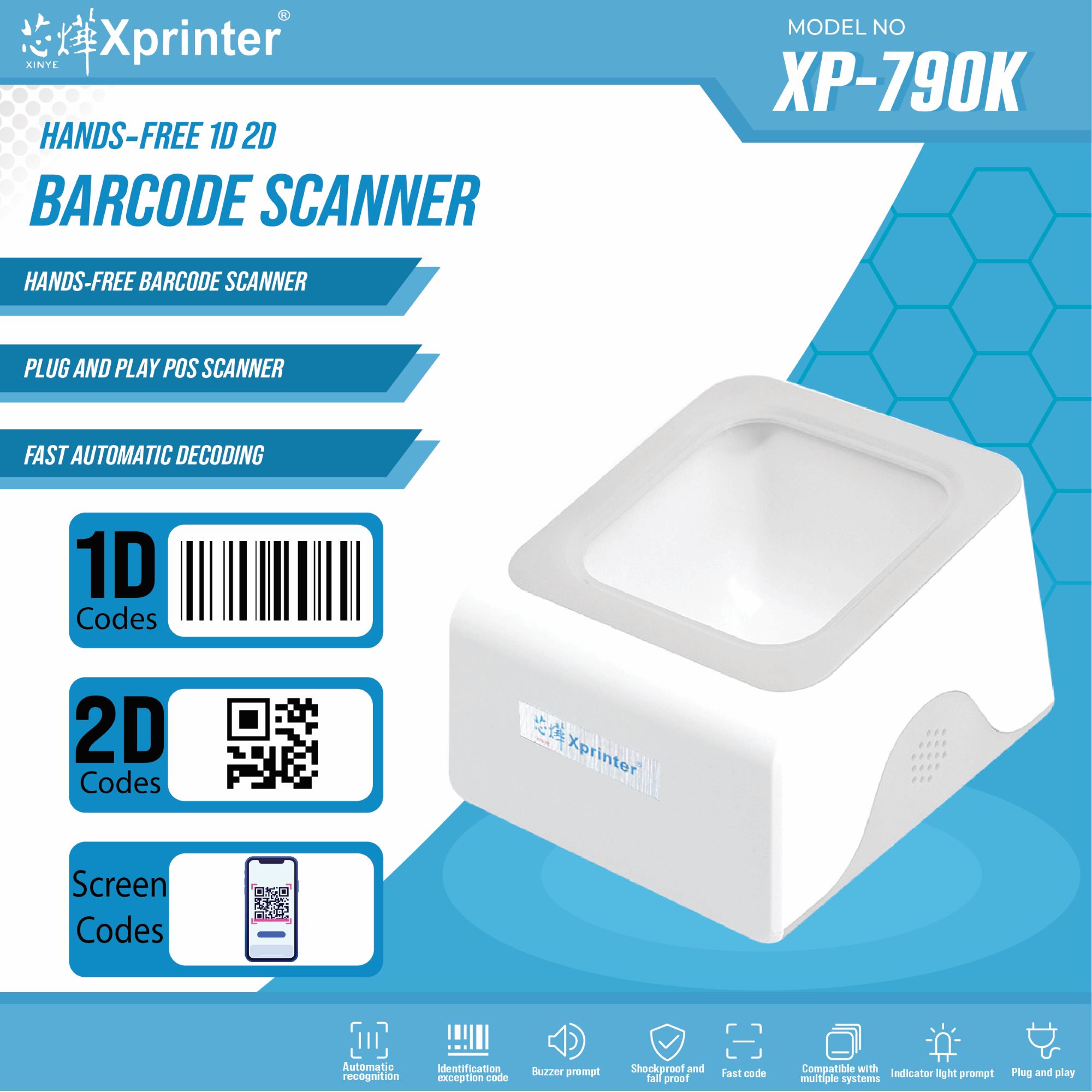 Xprinter XP- 8800 1D 2D QR Code Desktop Barcode Platform Scanner USB ...