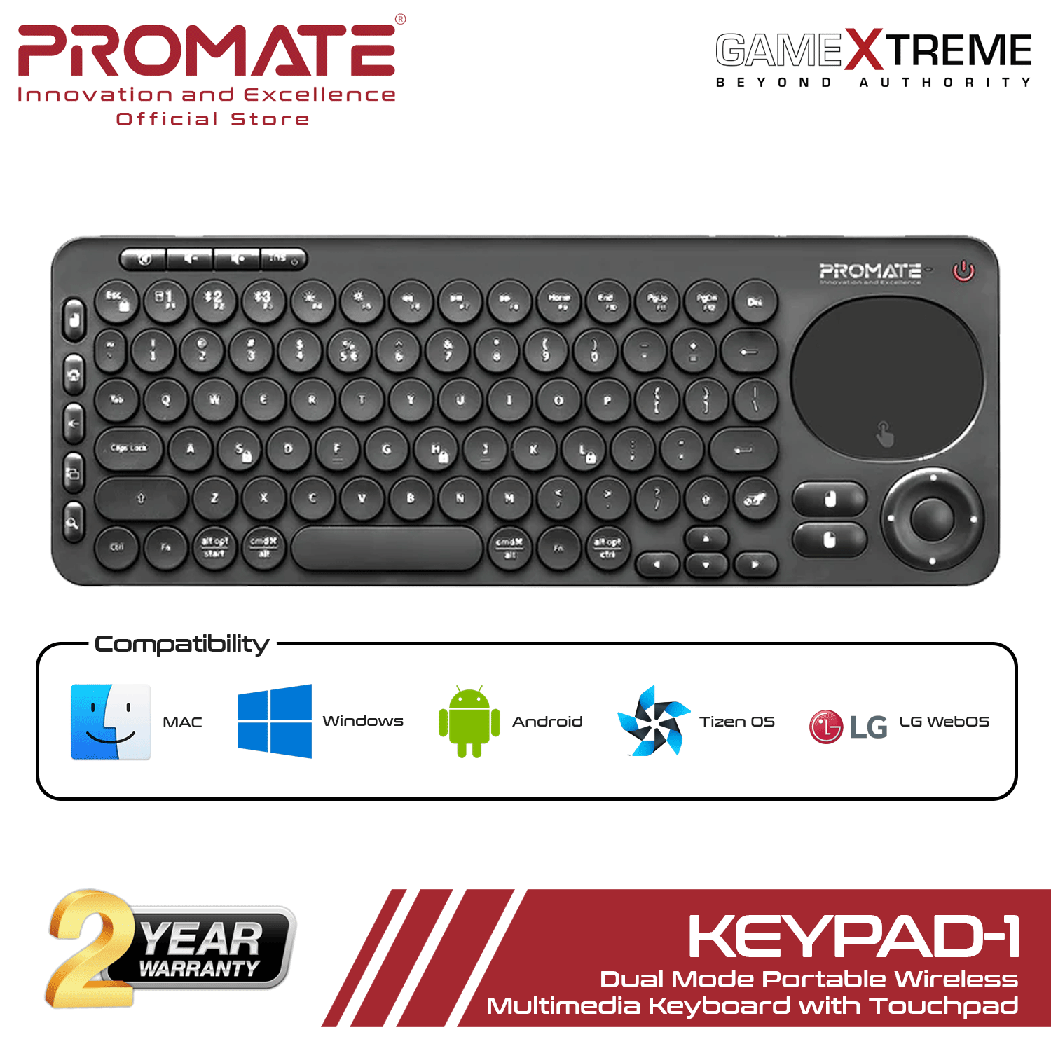 Promate Keypad-1 Dual Mode Wireless Multimedia Keyboard with Touchpad | Lazada PH