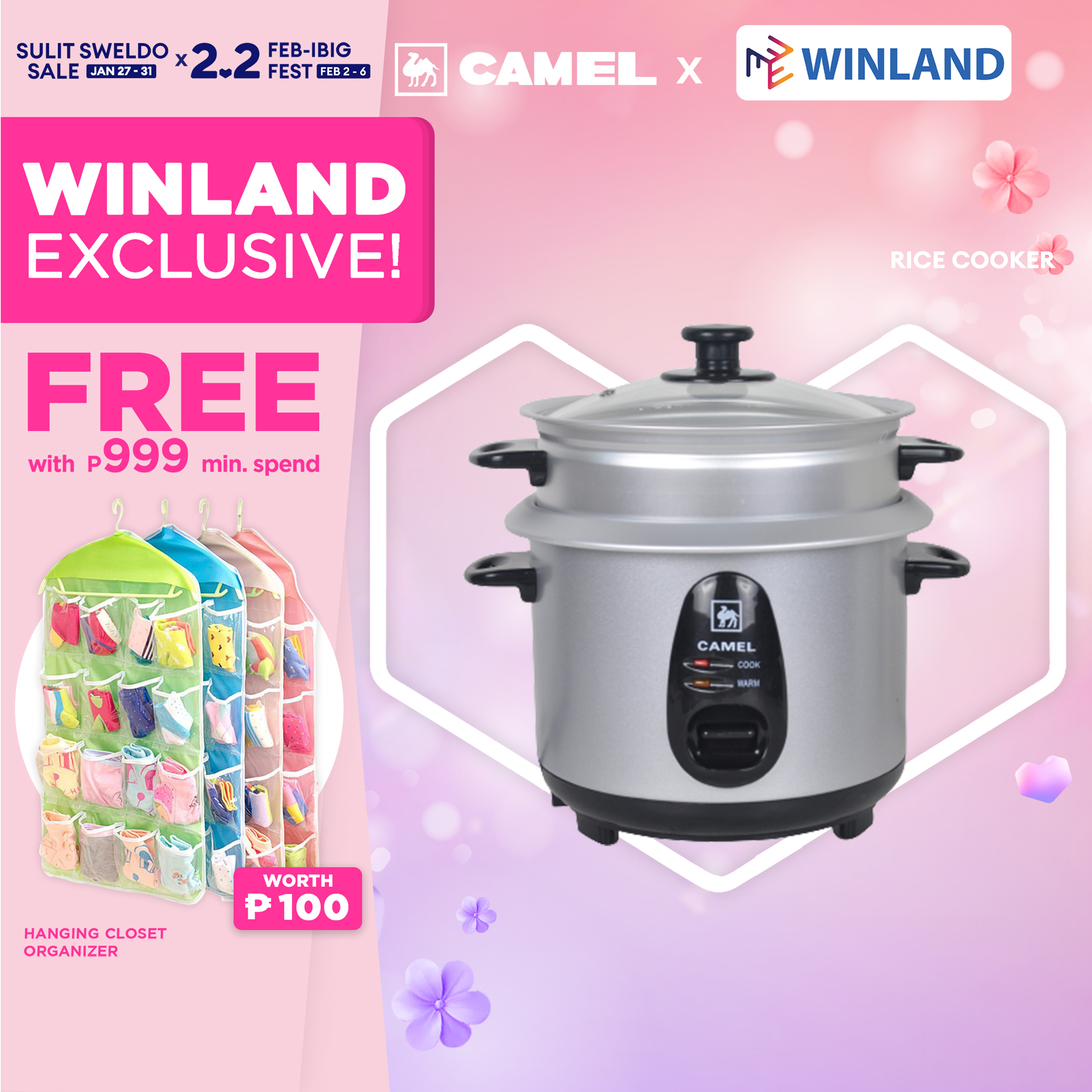 CAMEL by Winland 1.8L Rice Cooker with Steamer & Glass Lid (10 cups ...