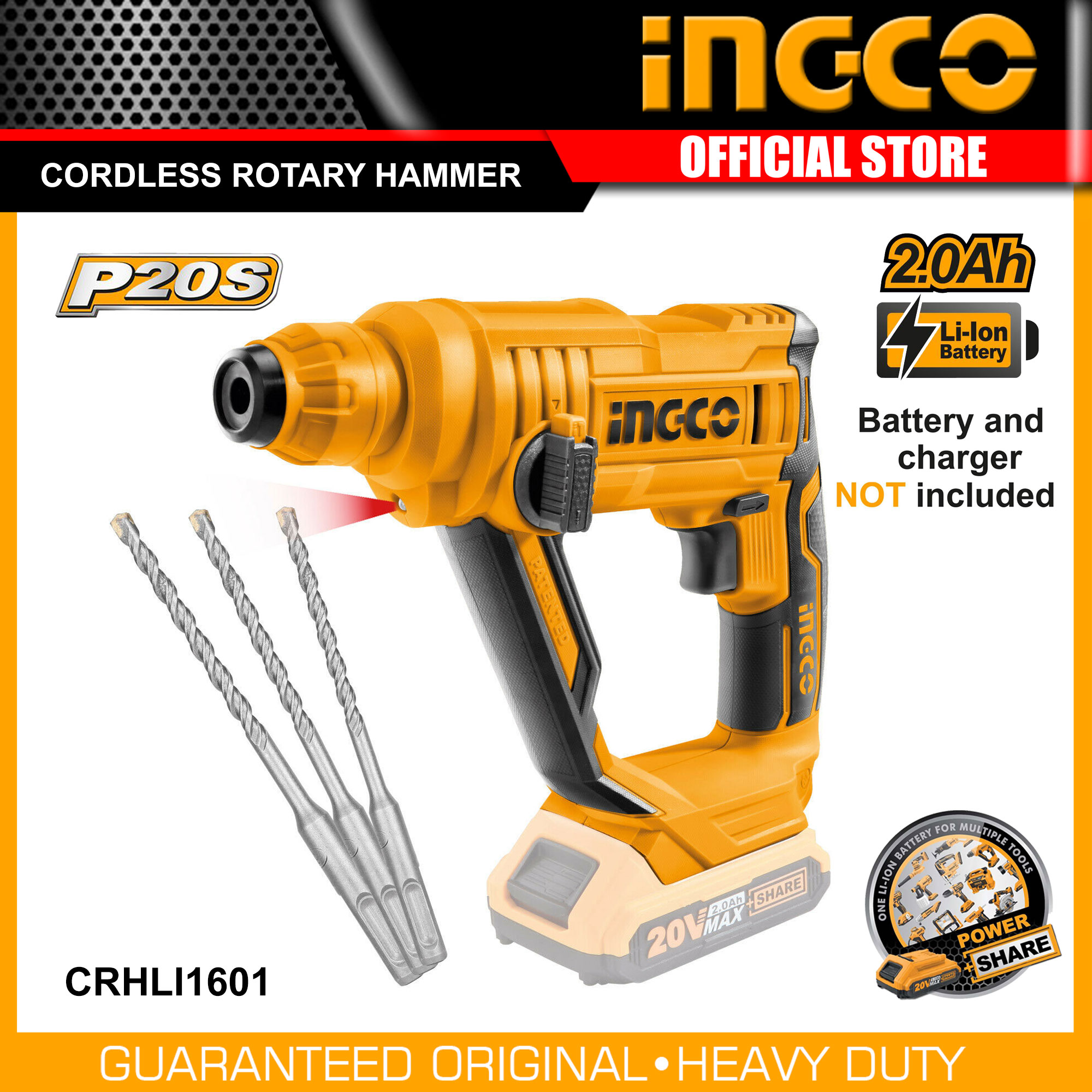 INGCO 20V Lithium-Ion Cordless Rotary Hammer Drill Chipping Gun ...