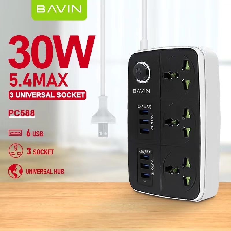 BAVIN 5.4A Wire Extension Universal Charger with 6 USB & 3 Power Socket ...