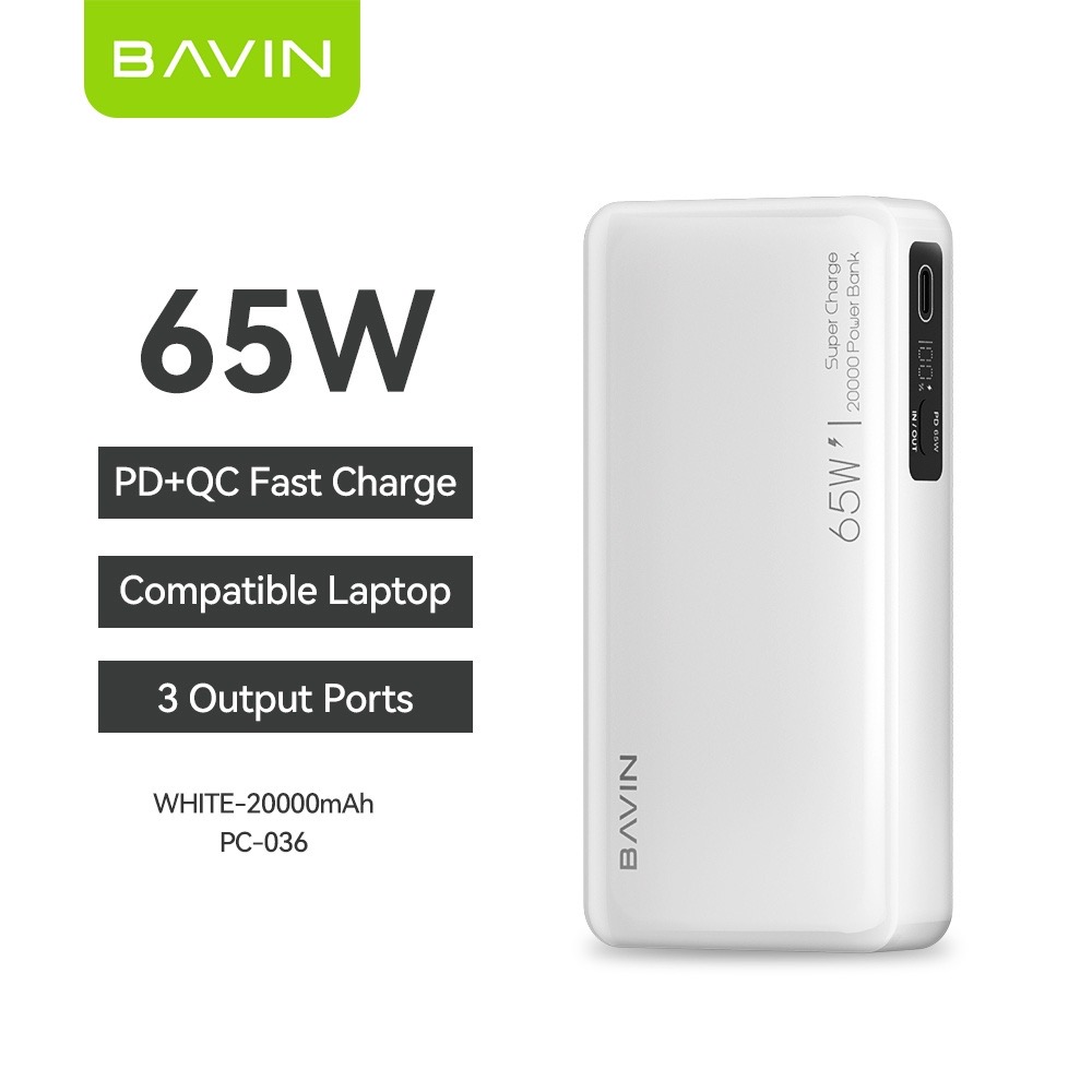 [GK] BAVIN PC036 20000mAh 65W PD & QC3.0 Powerbank w/ Type-C & USB Input/Output High Speed Power ...
