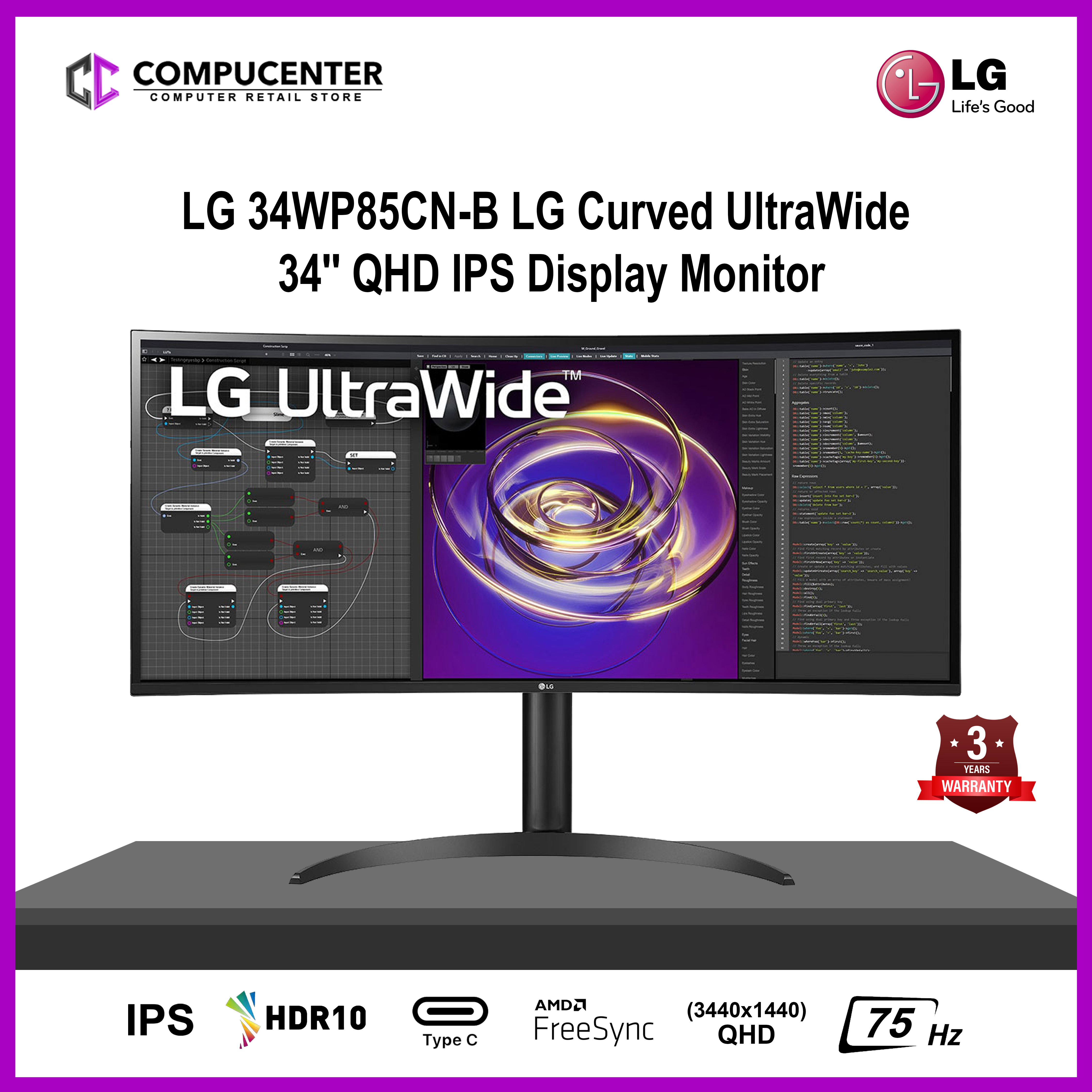 LG 34WP85CN-B Curved UltraWide 34 Inches QHD IPS - 75Hz Monitor - HDR10 ...