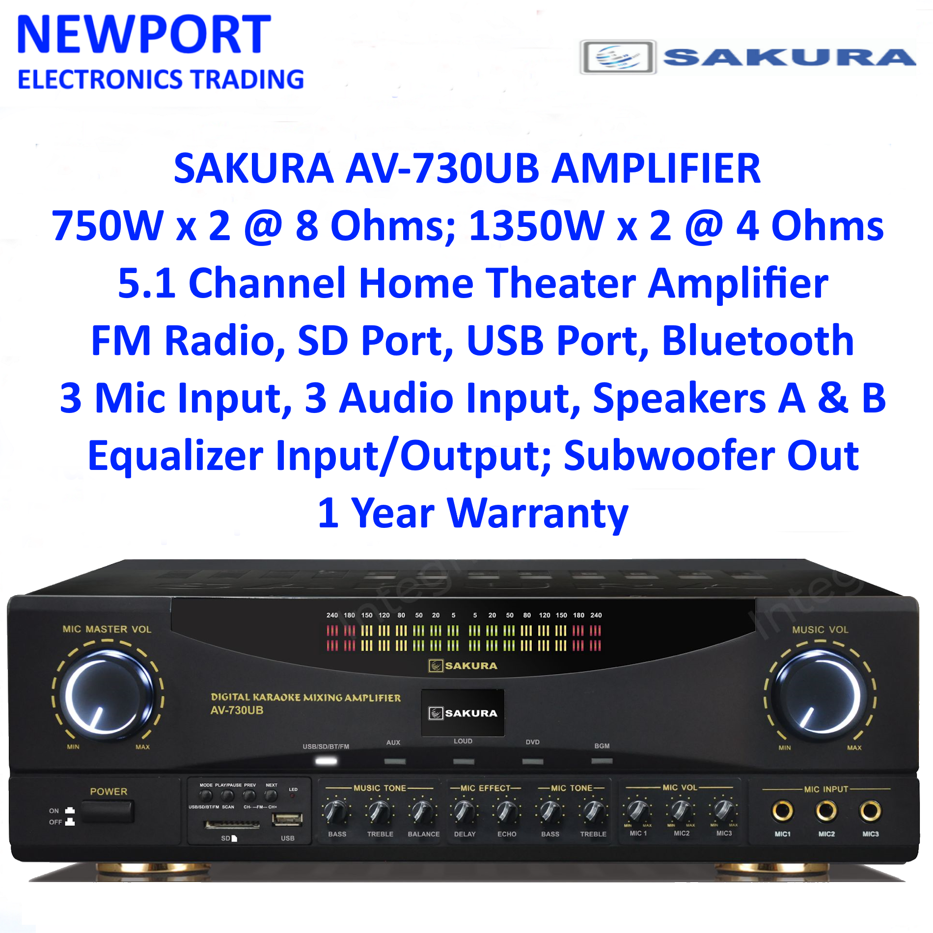Sakura AV-730UB 5.1 Channel Home Theater Amplifier 750W x 2 (8 OHMS) or ...