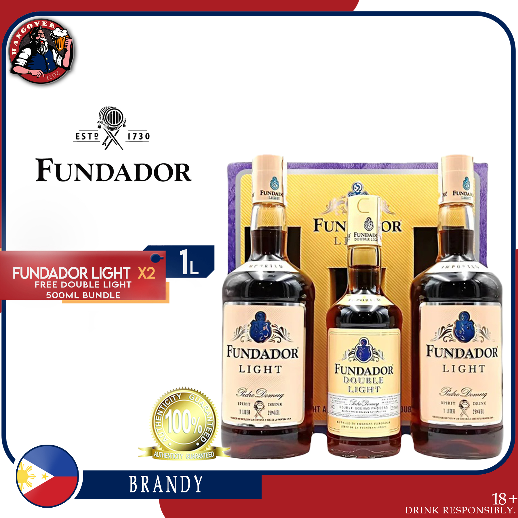 Fundador Light Brandy 1L 2 Bottles with Free Double Light Brandy 500mL ...