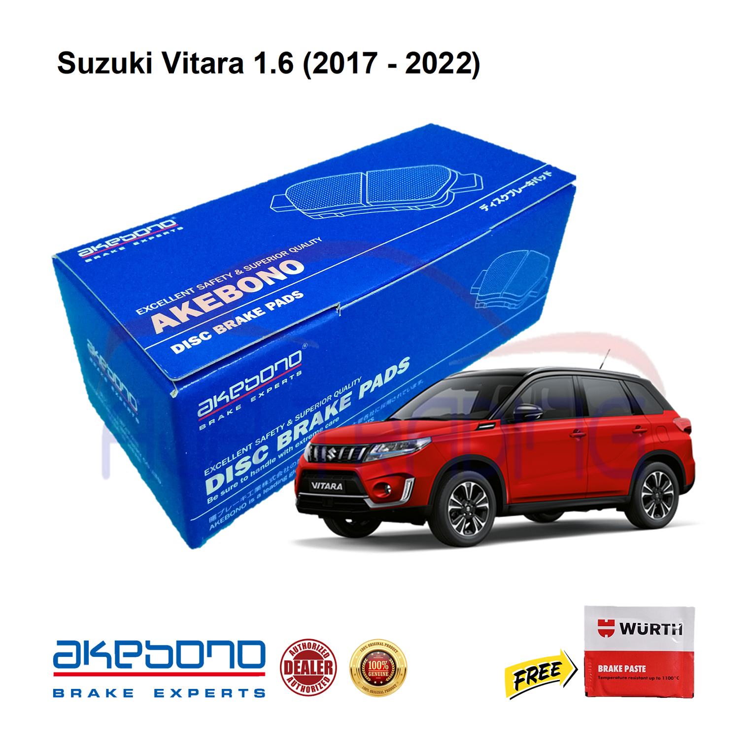 Genuine Akebono Front Brake Pads for Suzuki Vitara 1.6 (2017~2022) - w/ free WURTH Brake Paste ...