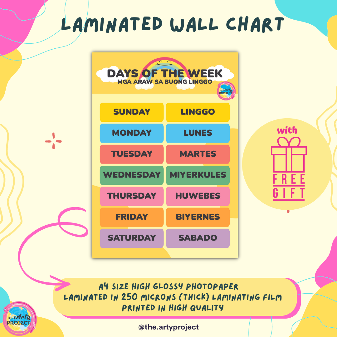 DAYS OF THE WEEK (MGA ARAW SA BUONG LINGGO) LAMINATED WALL CHART A4 ...