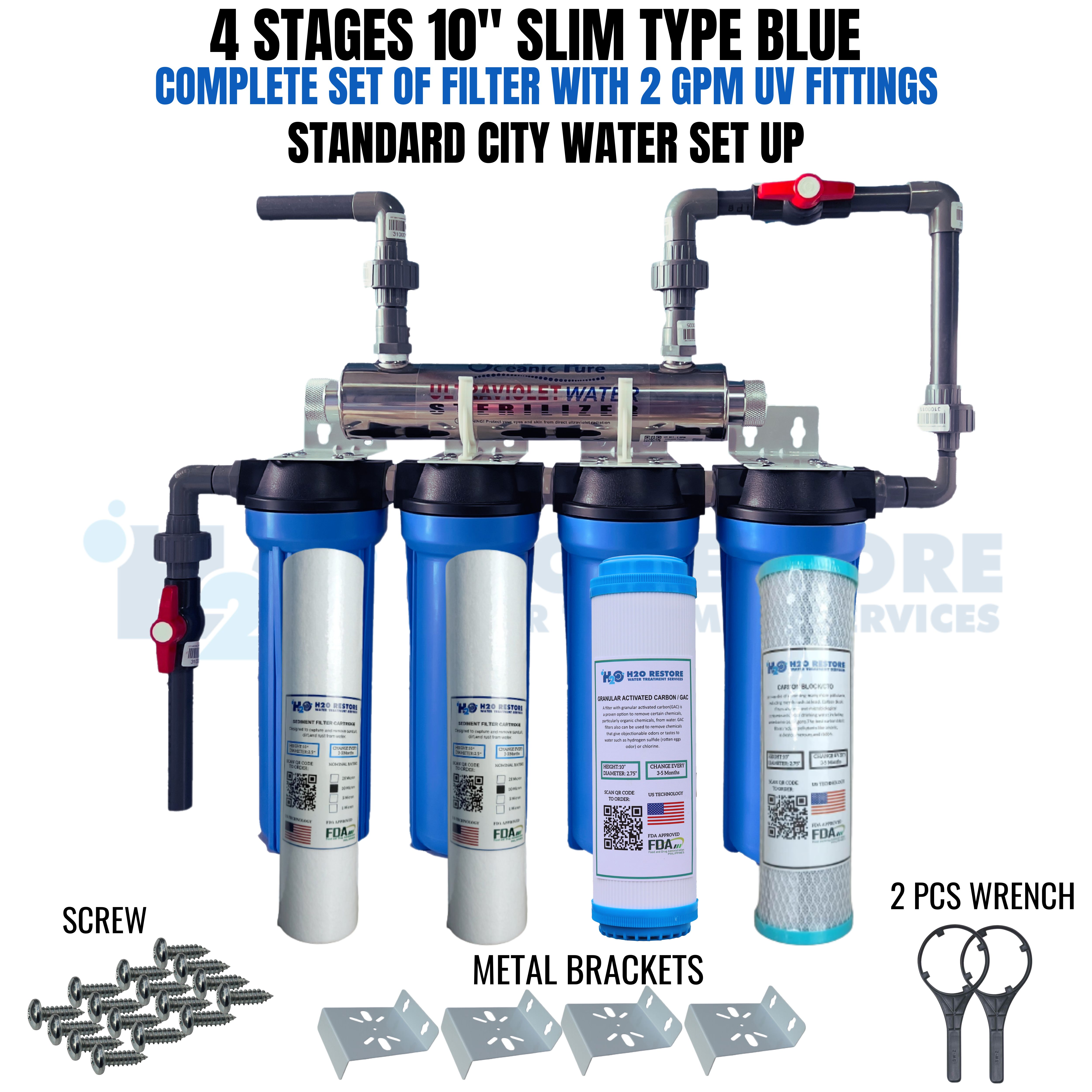 Water Filter 4 Stages 10" Slim Type with 2 GPM UV Light Fittings H2o ...