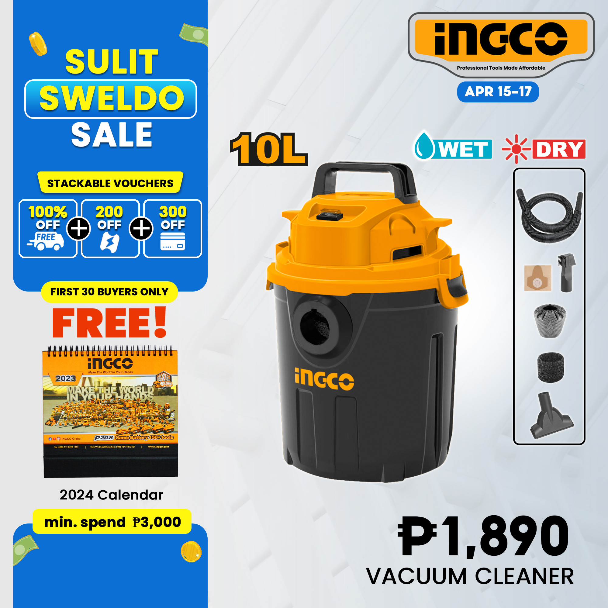 INGCO VC10101 10L Wet & Dry Vacuum Cleaner 1000W for Household Cleaning ...