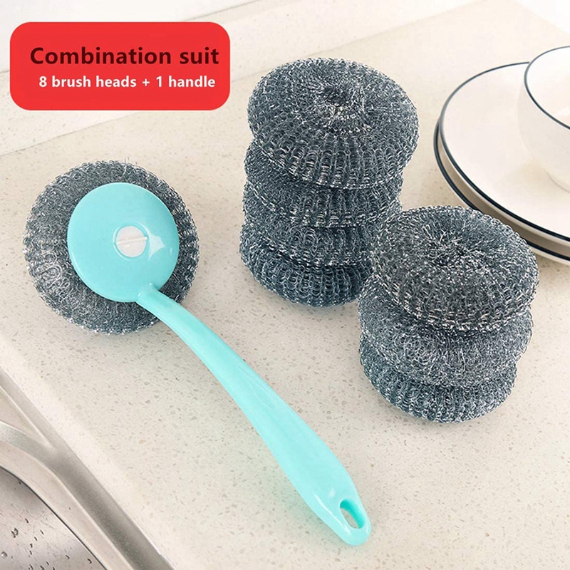 Stainless Steel Sponges Scourer Set with Handle Pack of 8,for Cookware ...
