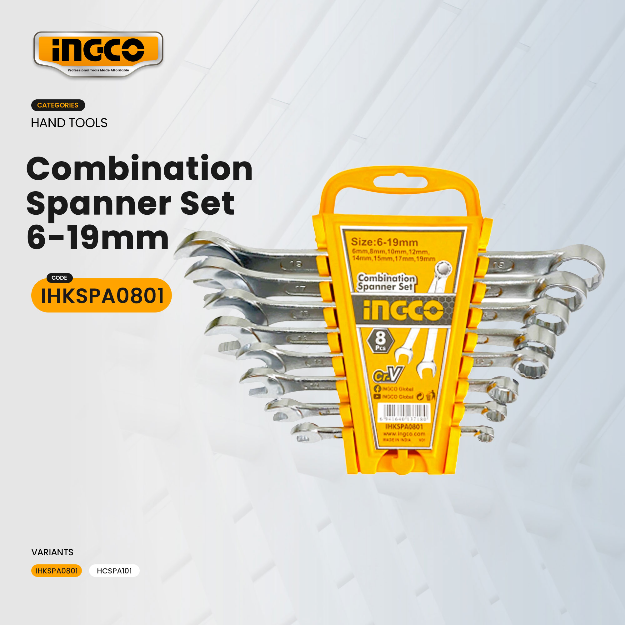 INGCO 8pcs Combination Spanner Wrench Set 6-19mm IHKSPA0801/ HCSPA101 ...
