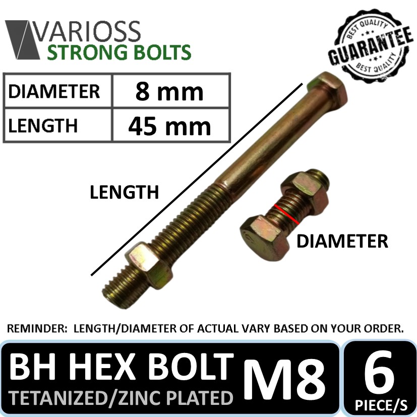 BH Tetanized/Zinc Plated Hex Bolt, Size M8 or 8 mm diameter, 45 mm ...