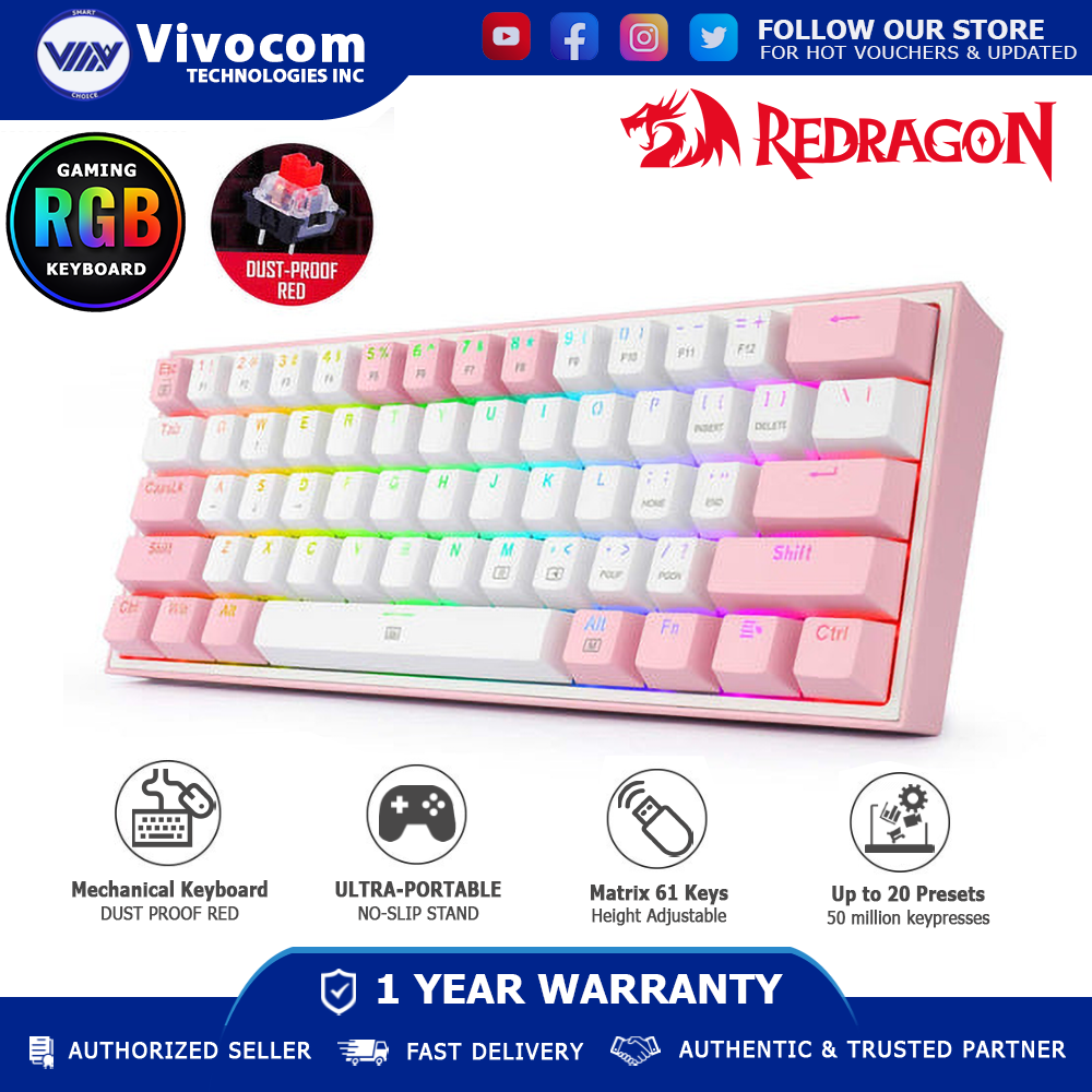 Redragon Fizz K617 RGB (WHITE PINK) USB Mini Mechanical Gaming Keyboard ...