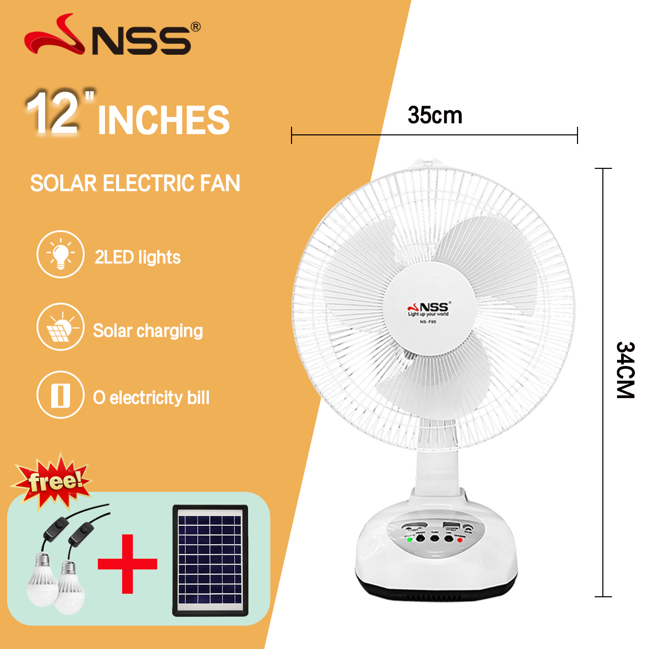 NSS SOLAR FAN Solar Stand fan with Solar Panel Night Light Dual Power ...