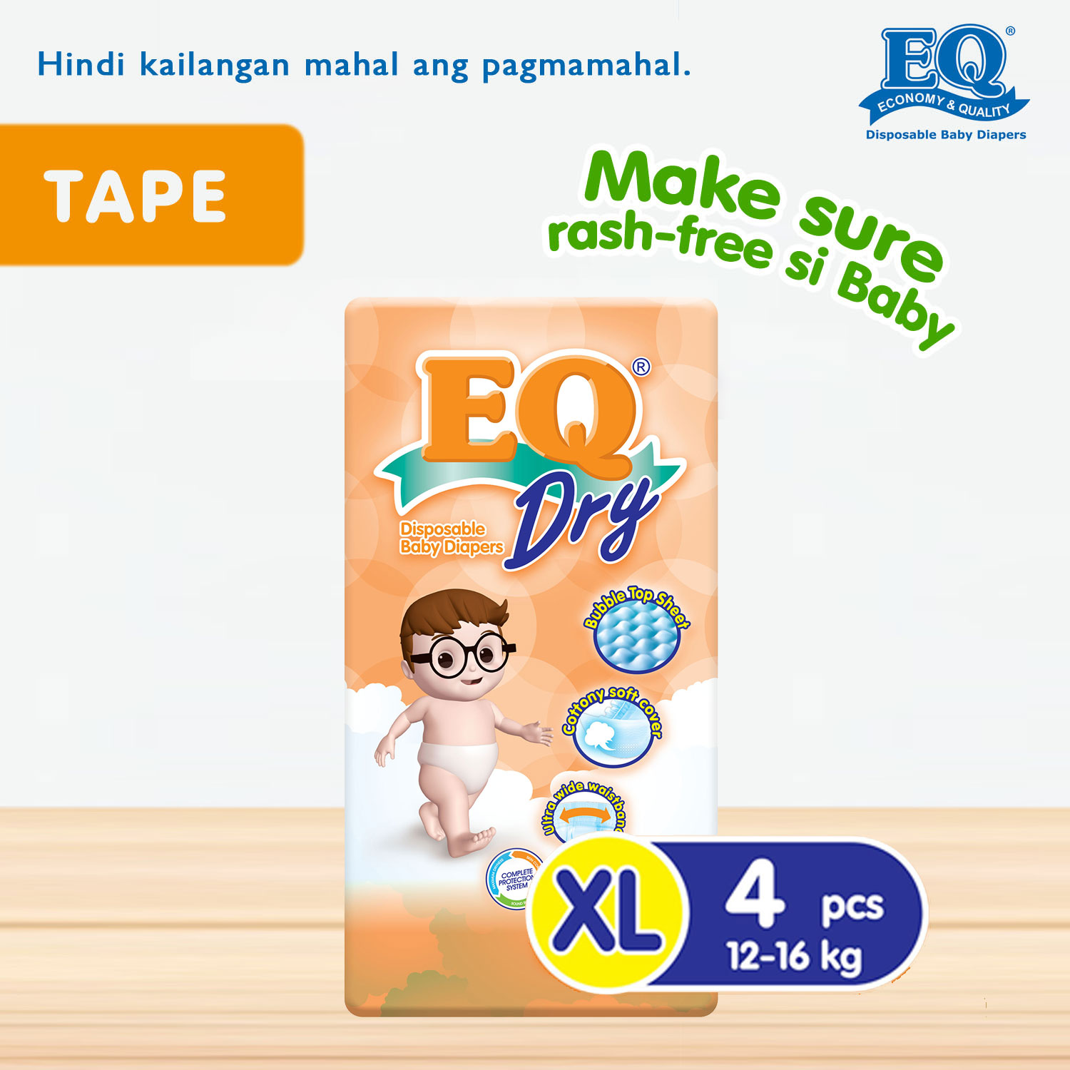 EQ Dry Mini Pack XL (12-16 kg) - 4 pcs x 1 packs (4 pcs) - Tape Diapers | Lazada PH