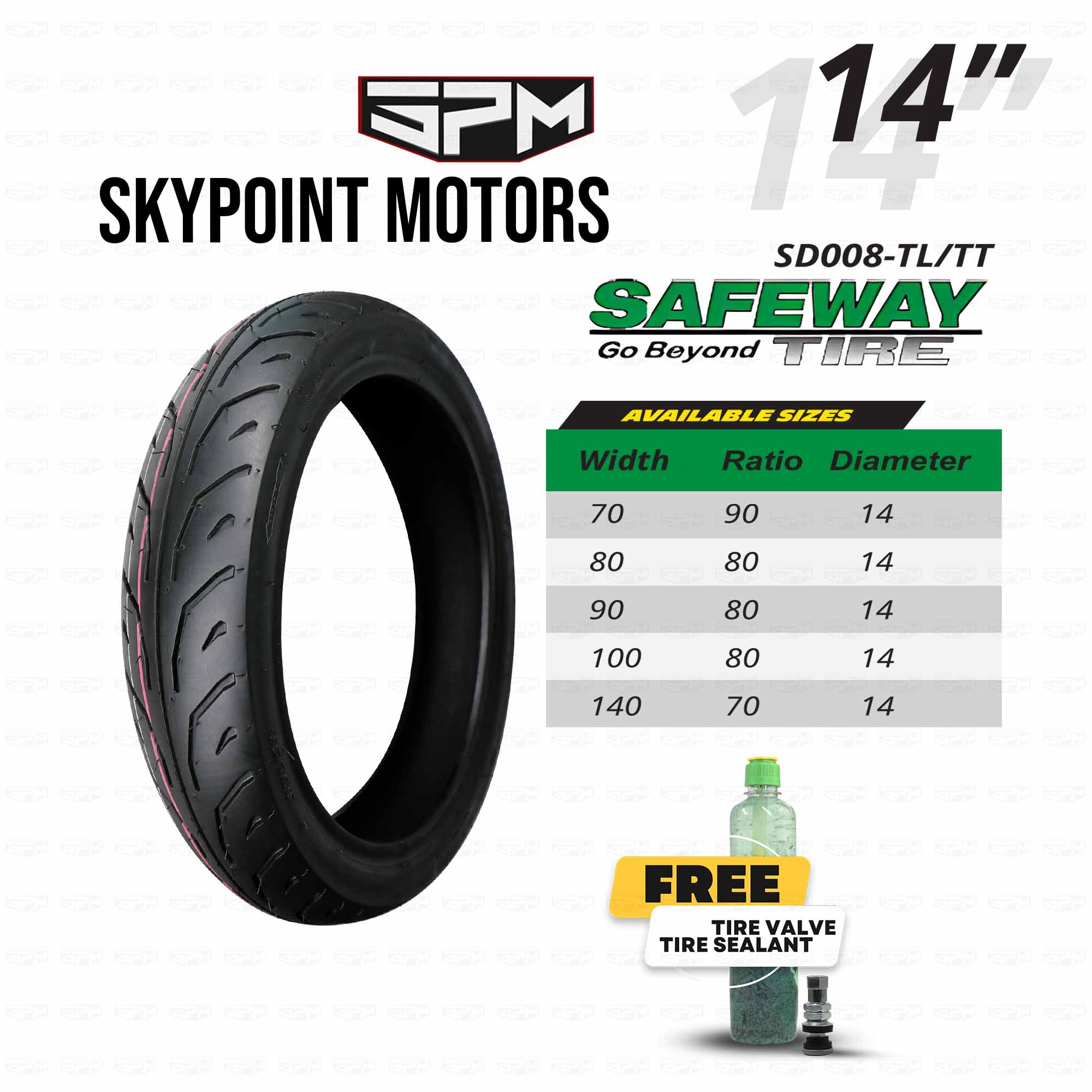 SAFEWAY MOTORCYCLE TUBELESS TIRES 70/90-14, 80/80-14, 90/80-14, 100/80 ...