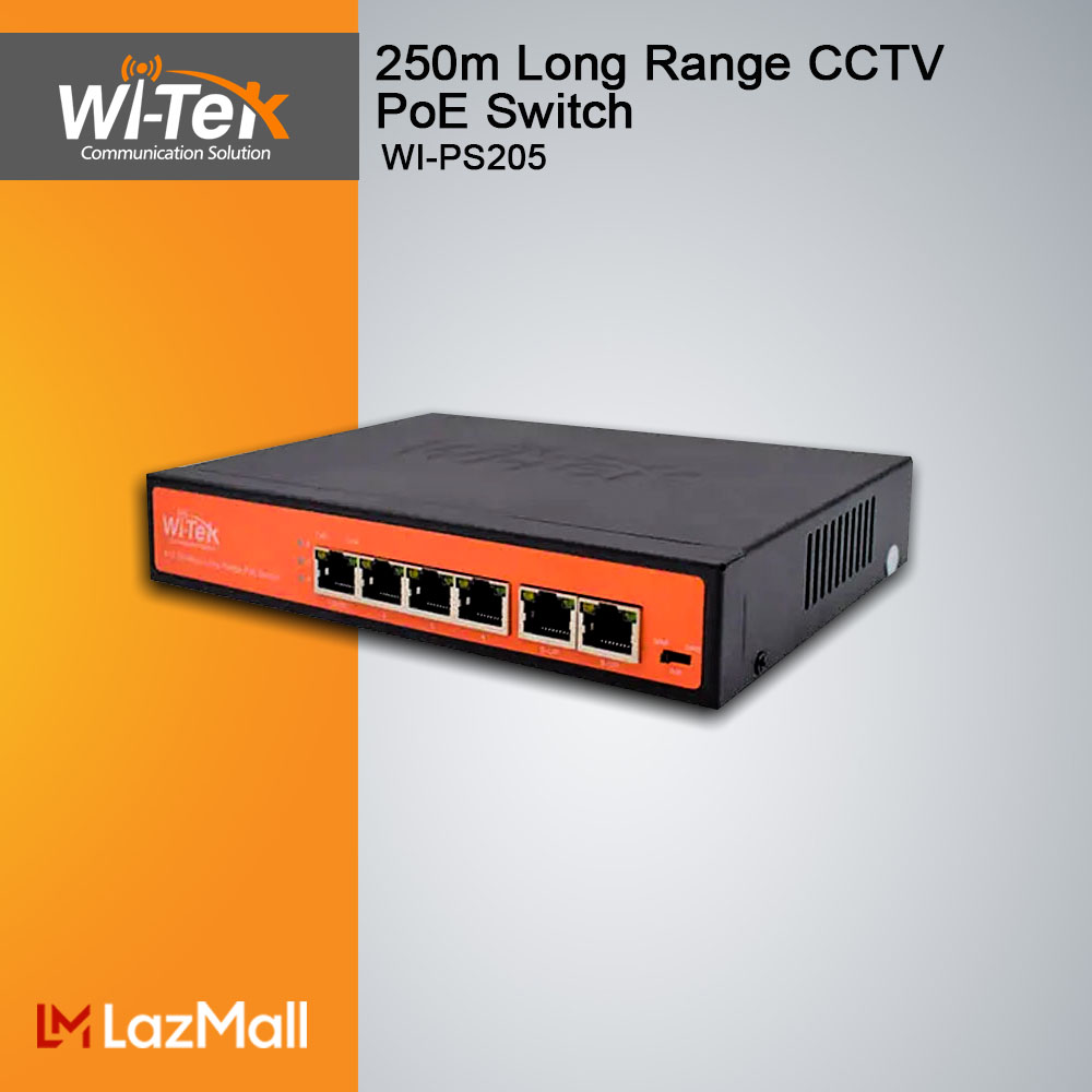 Wi-Tek WI-PS205 250m Long Range CCTV PoE Switch | 6-Port 48V 100Mbps Long Range PoE Switch with ...