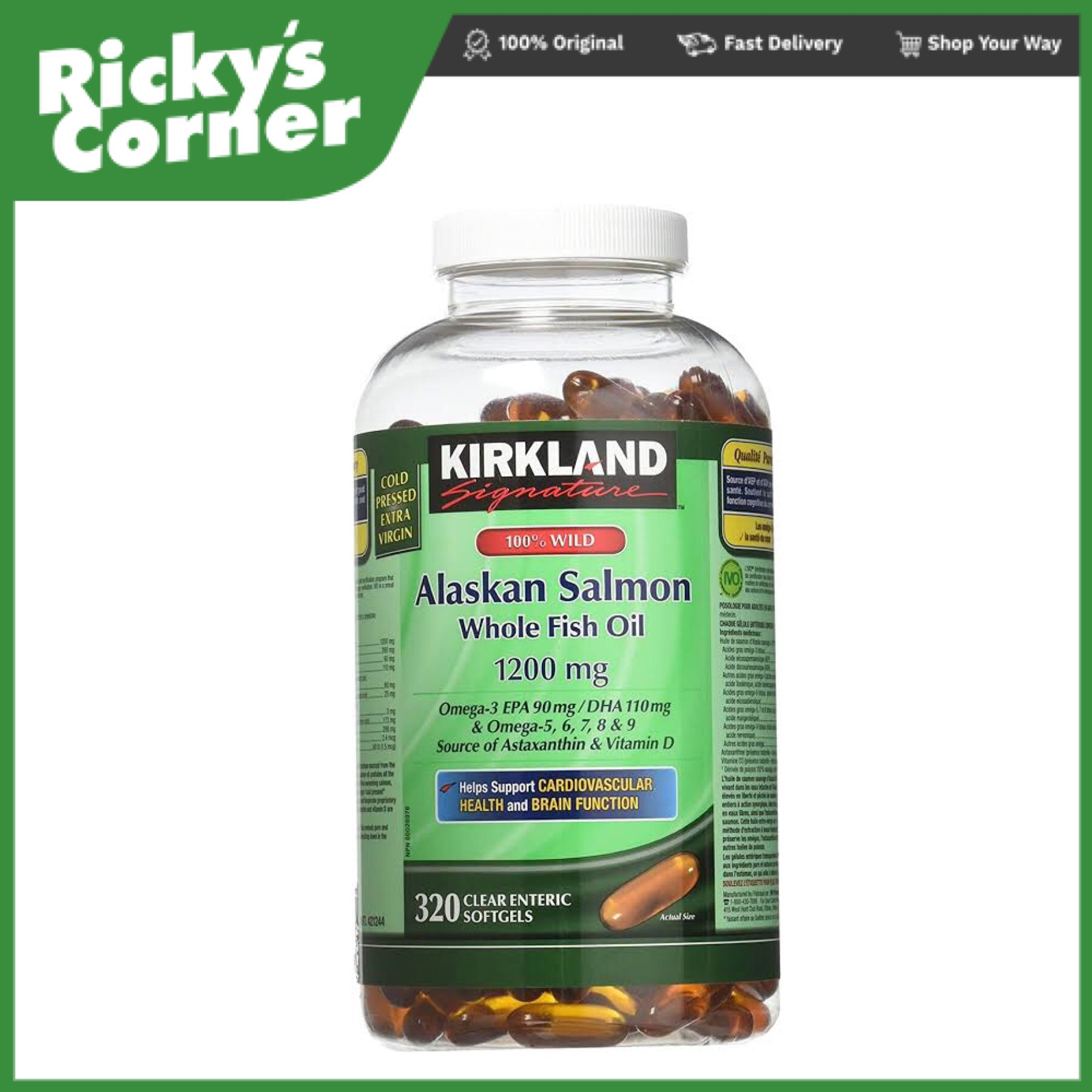 Kirkland Signature 100% Wild Alaskan Salmon Whole Fish Oil 1200mg, 320 ...