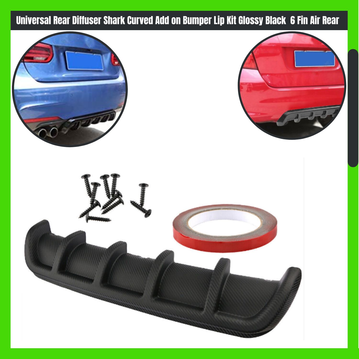 Universal Rear Diffuser Shark Curved Add on Bumper Lip Kit Glossy Black ...