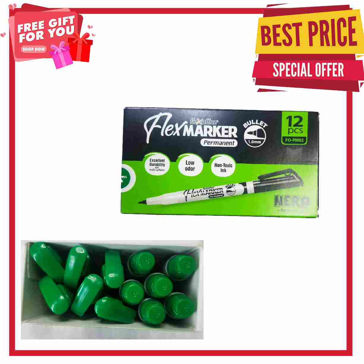 FLEX OFFICE FLEX MARKER PERMANENT PER PIECE GREEN 1MM (1 PIECE) | Lazada PH