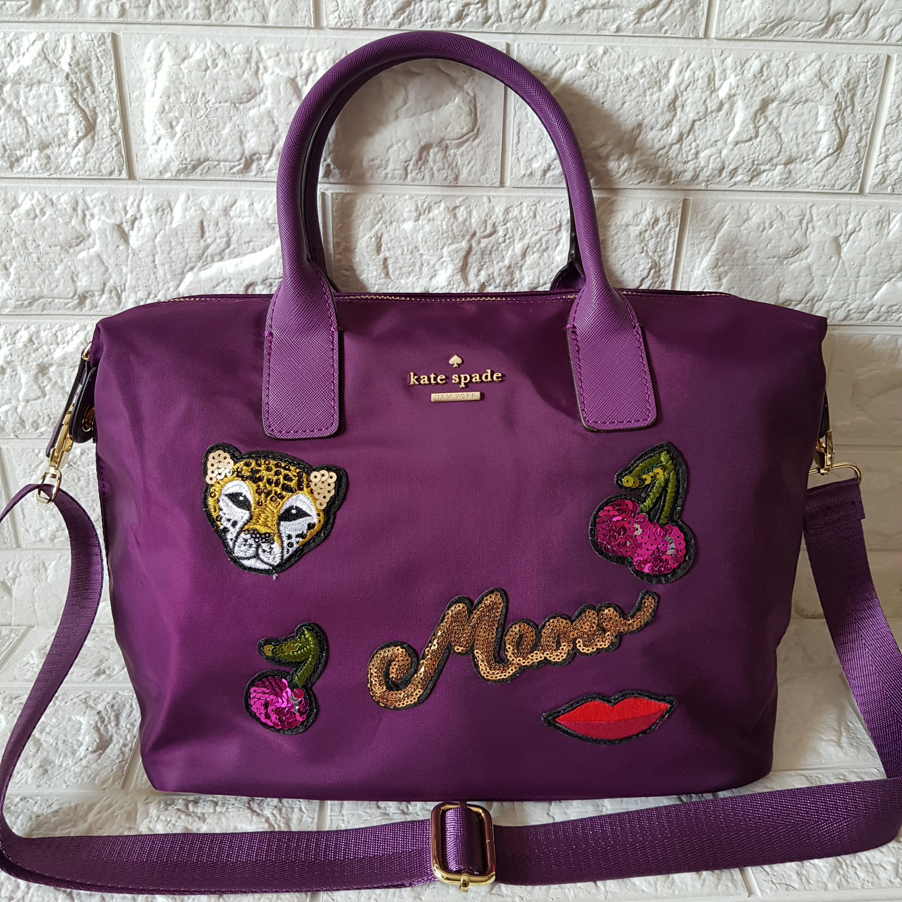 Kate Spade Lyla Meow Embroidery with Patches Classic Nylon Weekender ...