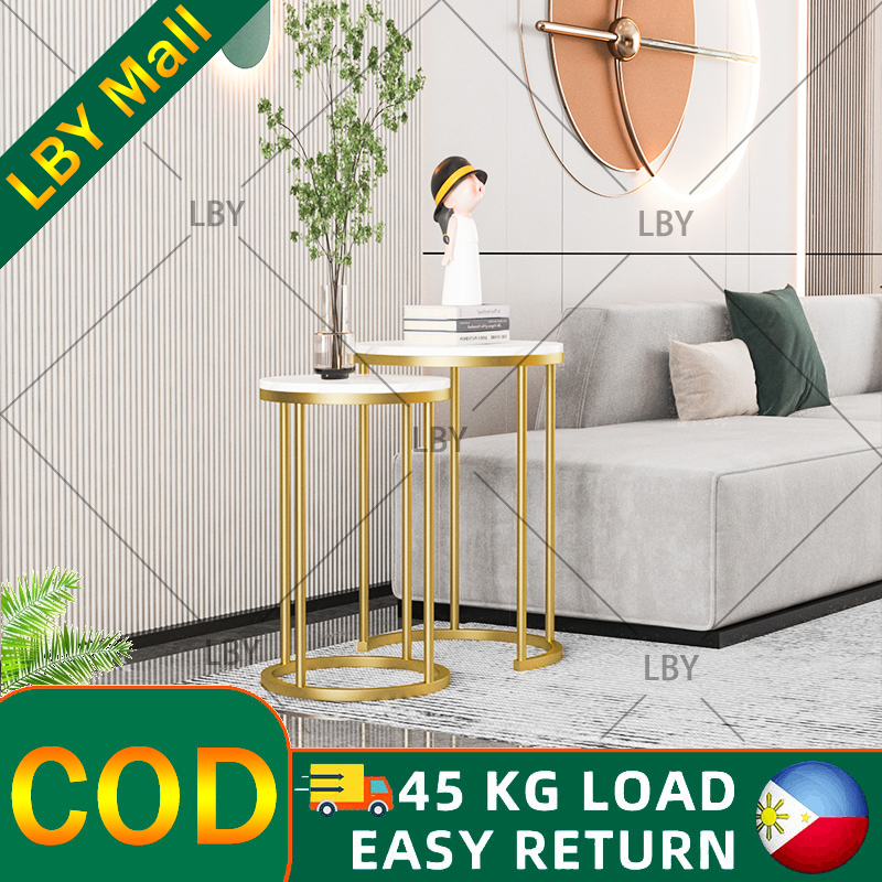 LBY Round Coffee Table Set of 2 Modern Accent Marble Texture Coffee ...