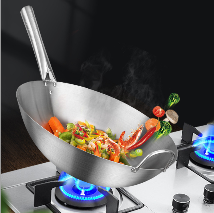 Uncoated Single Handle stainless steel wok Single handle stainless ...
