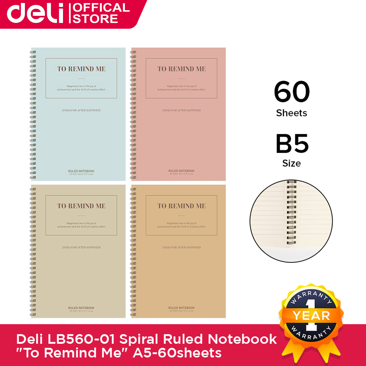 Deli B5 Spiral Notebook For School Supplies "To Remind Me" 60 Sheets ...