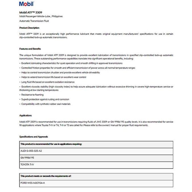 Mobil ATF 3309 Automatic Transmission Fluid (946ml) | Lazada PH