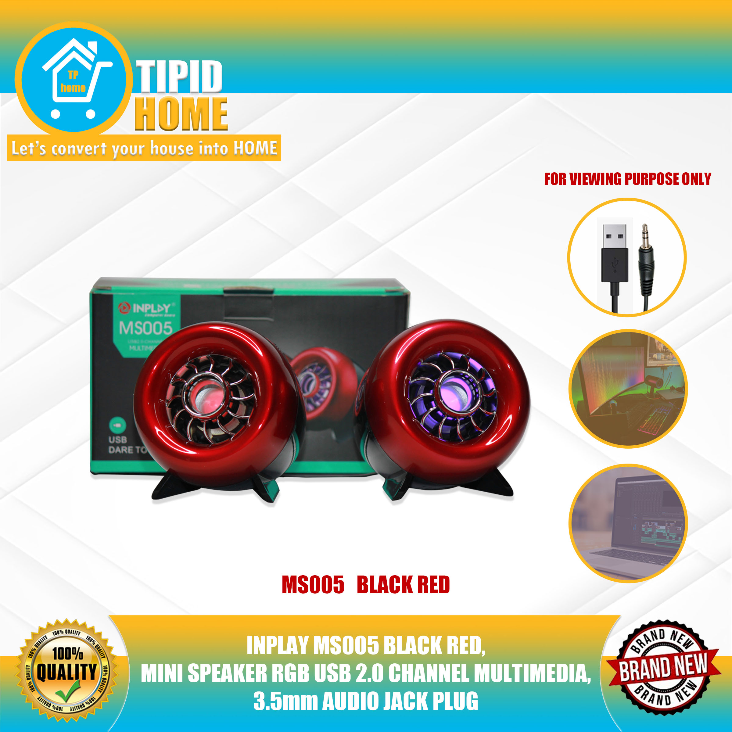 INPLAY MS005 BLACK RED, MINI SPEAKER RGB USB 2.0 CHANNEL MULTIMEDIA, 3.5mm AUDIO JACK PLUG ...
