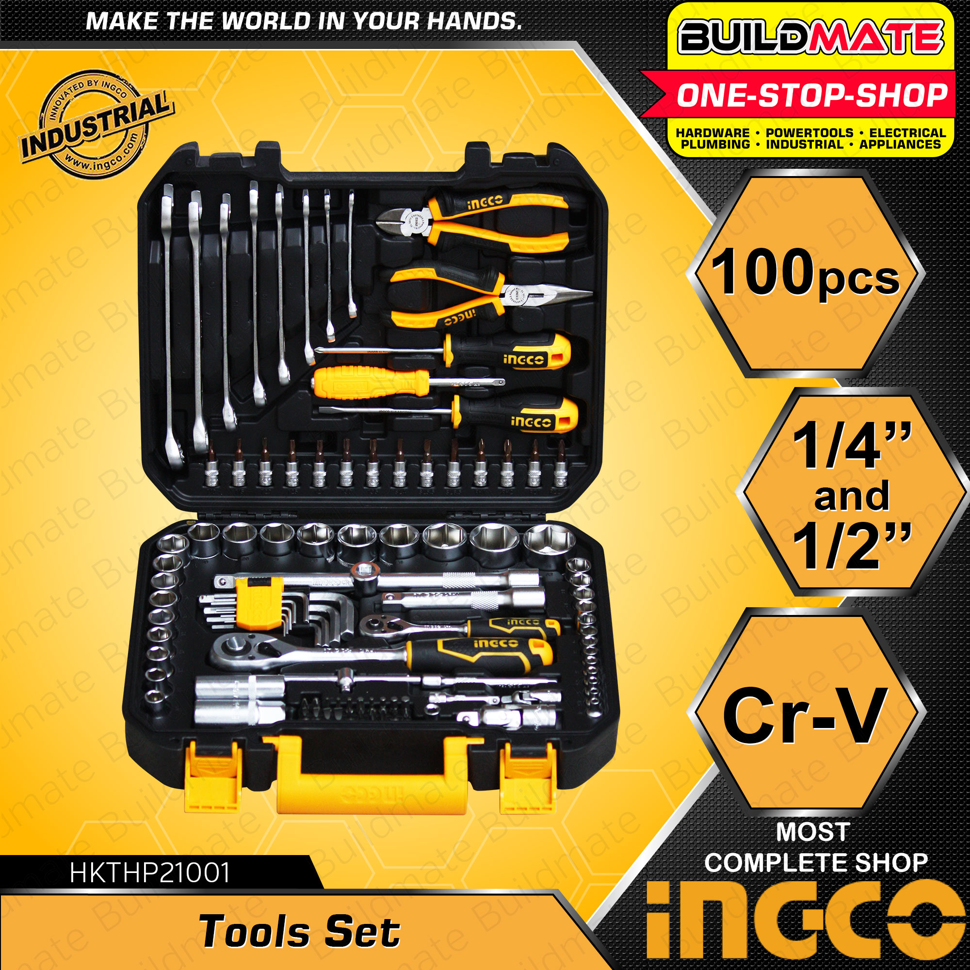 INGCO 100PCS Hand Tools Set Kit 1/2" Inch & 1/4" Inch Insulated Ratchet Wrench Cr-V HKTHP21001 ...